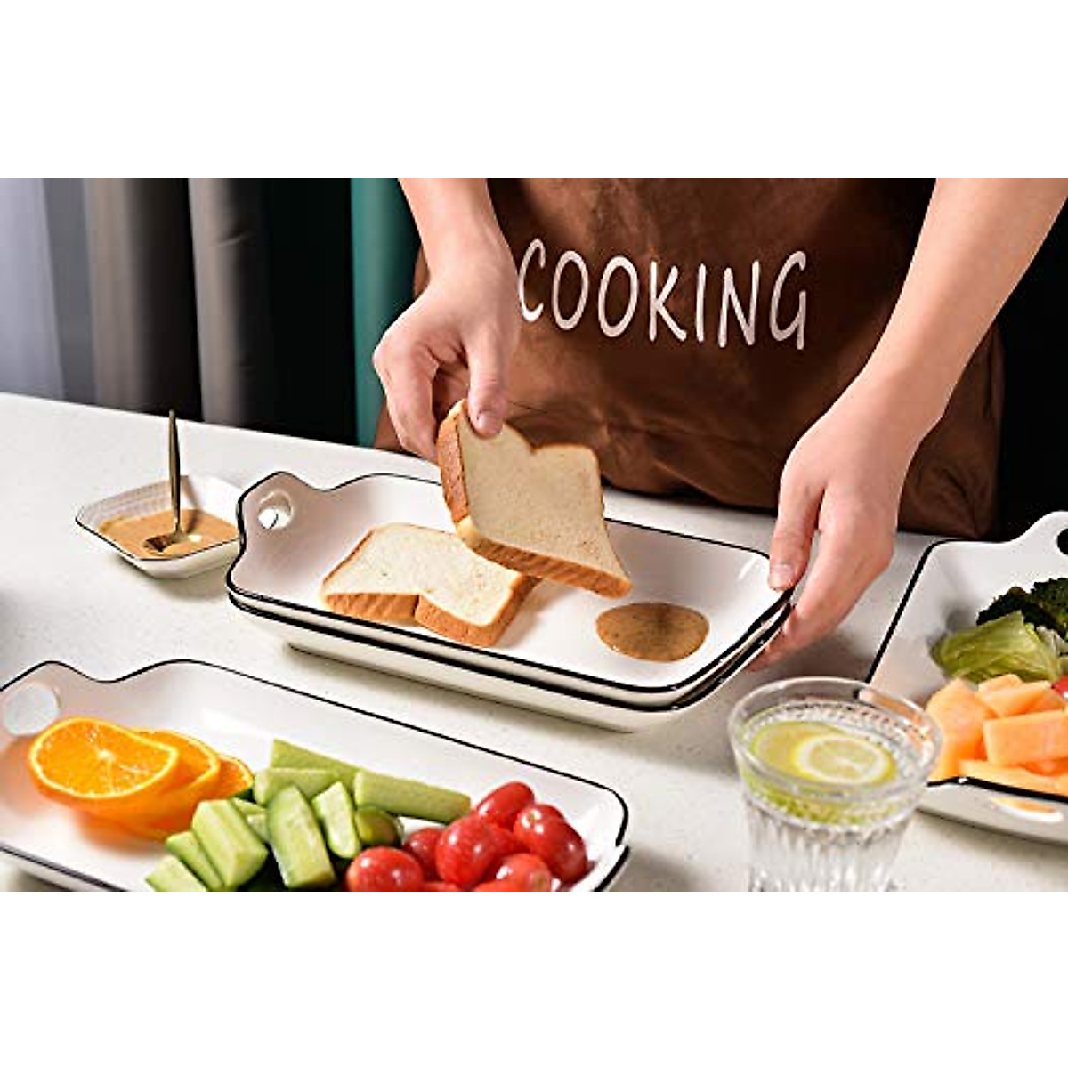 AnBnCn Porcelain Serving Platter with Handles - Set of 4, Versatile White Serving Plates for Dessert, Sushi Rolls, Party or Daily Use - Rectangle,12 Inch