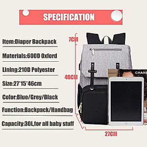 Mummy Diaper Bag Backpack Multi-Function Waterproof Travel Nappy Bags for Baby Care, Large Capacity, Stylish and Durable, USB Charging Port for Bottle Warmer, Black-Grey