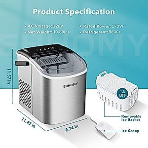 EUHOMY Countertop Ice Maker Machine with Handle, 26lbs in 24Hrs, 9 Ice Cubes Ready in 6 Mins, Auto-Cleaning Portable Ice Maker with Basket and Scoop, for Home/Kitchen/Camping/RV. (Silver)