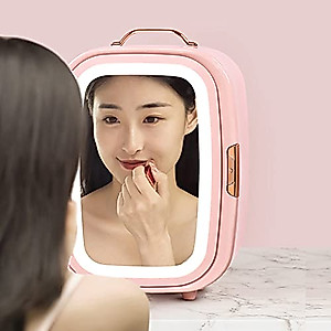Doodran LED Mirror Beauty Mini Refrigerator for Bedroom Portable Compact Makeup Fridge to Skin Care Cosmetics Chill Perfect for Girls Woman,Pink