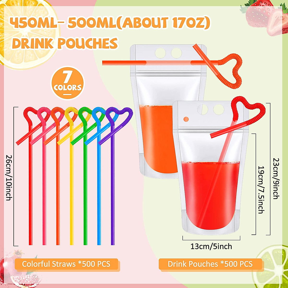 500 Count Summer Plastic Drink Pouches with Straws Heavy Duty Handheld Translucent Reclosable Drink Bags Portable Liquor Pouches Zipper Plastic Pouches for Cold and Hot Drinks for Adults and Kids