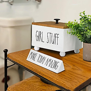 Tampon Holder for Bathroom, Tampon and Pad Holder Organizer with Lid, Tampon and Pad Storage Container with Decorative Bathroom Wooden Sign for Bathroom Accessories,Feminine Products Caddy (White 2)