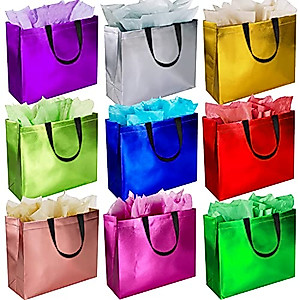 BLEWINDZ 18Pcs Large Gift Bags with Tissues for Presents - 13'' Reusable Non-Woven Gift Goodie Bags with Metallic Shiny - Party Favor Bags Tote Bags for Wedding, Birthday, Christmas