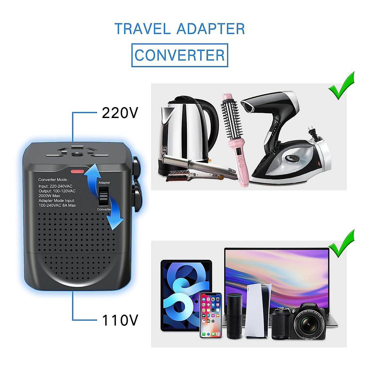 KELEILVTU 2000W Adapter 880W Voltage Converter, Down Voltage 220 V to 110 V for Curling Iron Cell Phone Laptop, US to UK Europe AUS Over 200 Countries Power Converter（Gray）