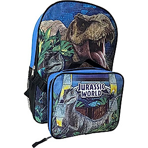 Jurassic World 15 Inch Kids Backpack With Removable Lunch Box Set (Blue-Black)