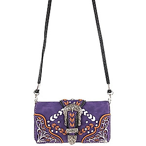 Justin West Floral Embroidery Rhinestone Turquoise Buckle Western Weave Stud Conceal Carry Handbag Purse | Messenger | Trifold Wallet (Purple Purse Wallet Set)