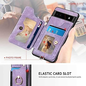 JanCalm for Google Pixel 6a Case Card Holder Wallet, Ring Stand, RFID Blocking, Wrist Strap, Camera Protector, Leather Magnetic Clasp Protective Cover for Google Pixel 6a (Purple)