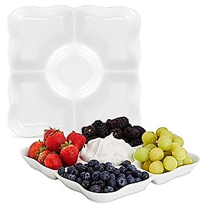 Set of 2 Porcelain Appetizer Serving Trays, 5-Compartment Reusable Divided Platters for Charcuterie Boards, Finger Foods, Fruit, Veggies, Snacks Desserts (9.5x9.5x1 in)