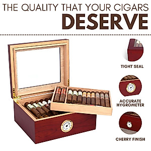 Mantello Glass Top Cigar Humidors - Humidor Cigar Box with Humidifier, Spanish Cedar Tray, Divider, and Hygrometer - Gifts for Men, Holds 25 to 50 Cigars