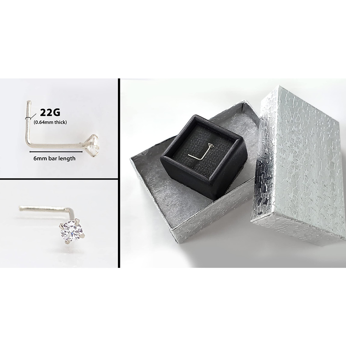 Solid 14Kt Gold Nose Ring, 22G L-Shaped Nose Stud, 14kt Yellow Gold or 14kt White Gold Nose Ring Prong Set CZ Accent-WG2.5mm