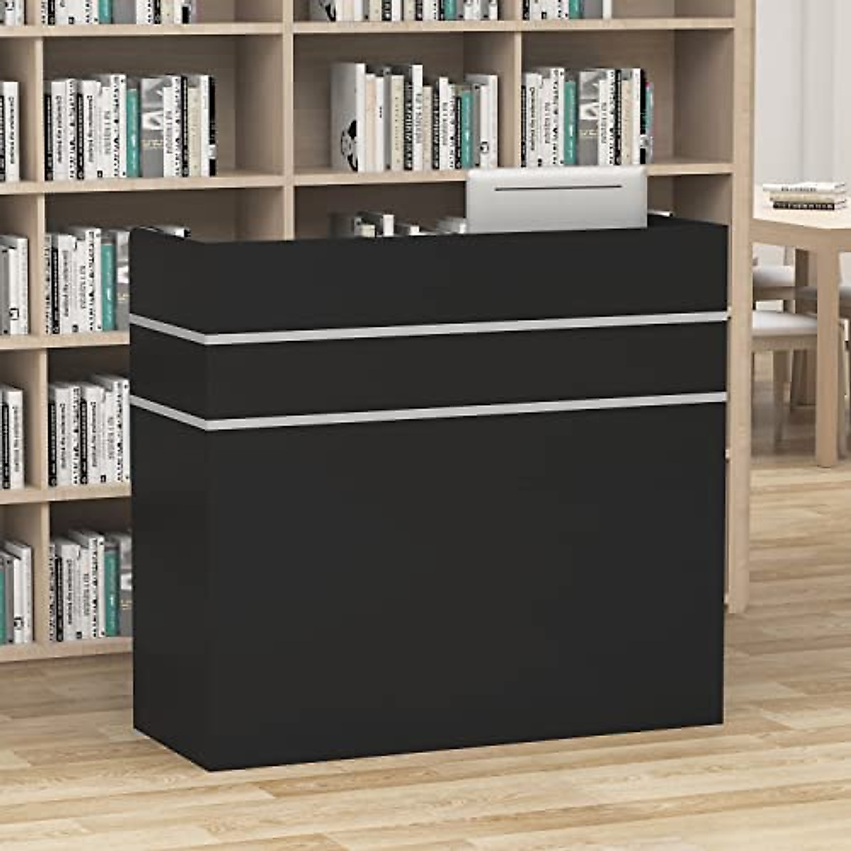 Homsee Modern Reception Desk with 3 Drawers, 1 Door Storage Cabinet & Hutch Shelf, Office Wooden Computer Desk, Writing Study Table PC Laptop Desk, Black (47.3" L x 18.3" W x 43.3" H)