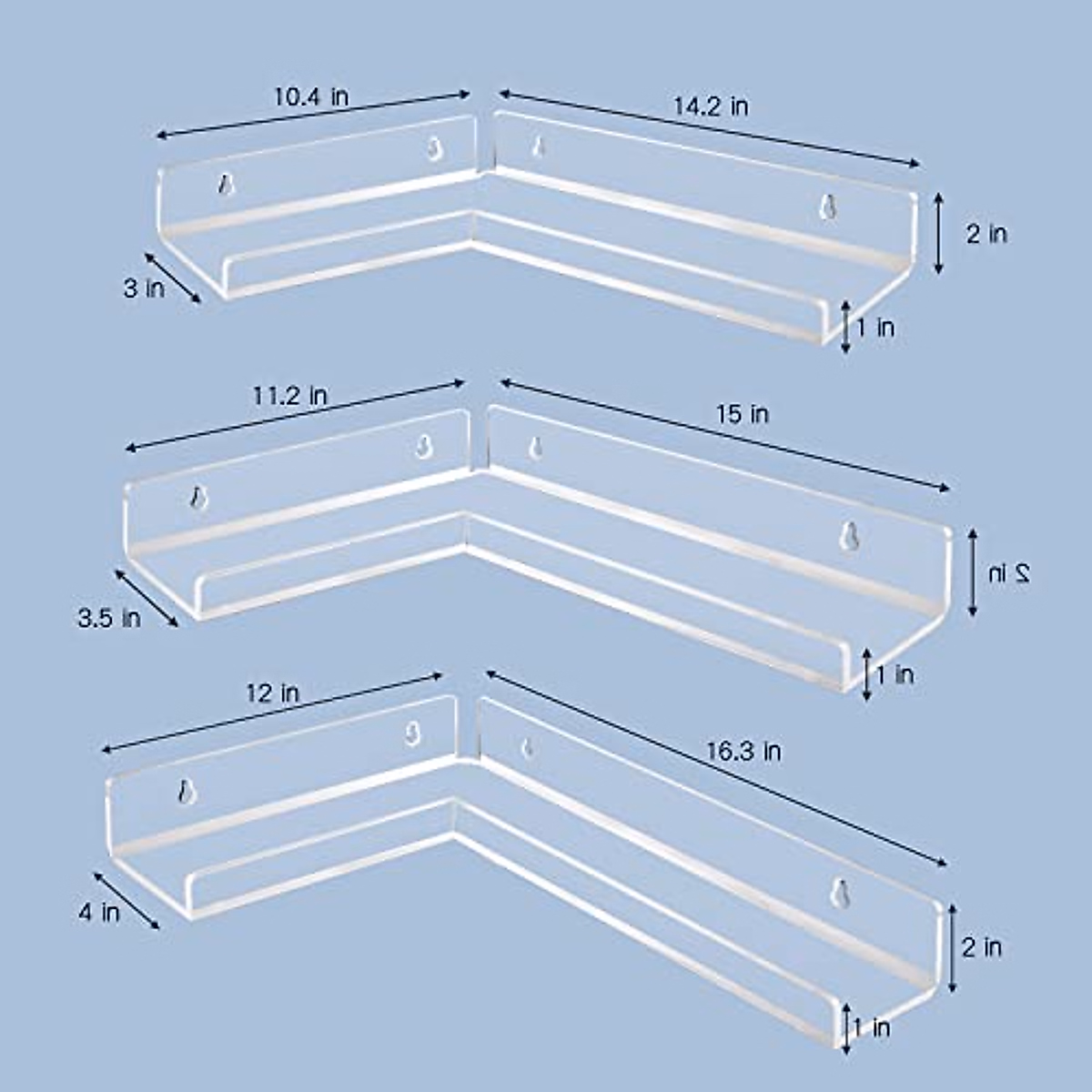 Tgzwme Clear Acrylic Floating Corner Shelves Wall Mounted 5MM Thick Bookshelf Invisible Collection Display Storage Floating Wall Ledge Shelf for Room, Kitchen, Office (3 Pack)