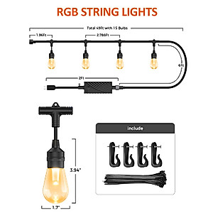 XMCOSY+ Outdoor String Lights, Smart 49Ft Patio Lights RGB, App & WiFi Control Color Changing LED String Lights with Dimmable 15 LED Bulbs, Works with Alexa, IP65 Waterproof, Shatterproof