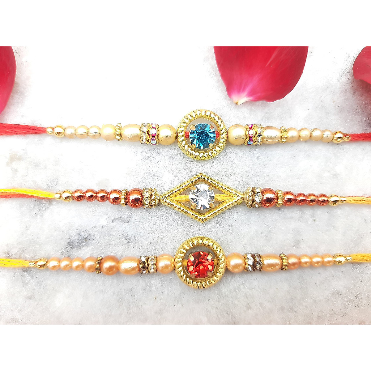 Palak Global Rakhi bracelet, Wrist Band. Fancy Rakhi three unique beautiful stones. Rakhi a best gift celebration with your Brother, Bhabhi/Sibling, Sister,beads and stone., stone