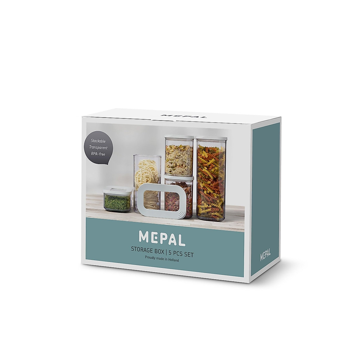 Mepal MODULA 5 Piece Food Storage Box Set for Cereal or Pasta with 3 Transparent Lids, Airtight, BPA Free, 1 Set