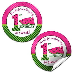 Pink Watermelon 1st Birthday Party Thank You Sticker Labels, 40 2" Party Circle Stickers by AmandaCreation, Great for Party Favors, Envelope Seals & Goodie Bags