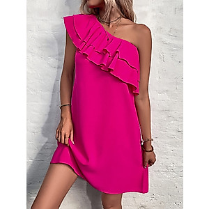 Floerns Women's One Shoulder Tiered Layered Sleeveless Ruffle Trim Tunic Dress A Hot Pink XL