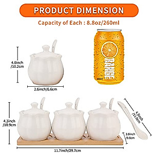 Sugar Bowls Set, Kitchenexus Condiment Jars Pots Set with Lids and Spoons Ceramic Salt Pepper Box Container, Canister Seasoning Box with Bamboo Tray 8.8 ounce/260 ml White