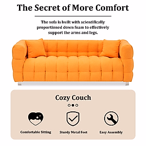 Dolonm Modern Sofa Couch with Metal Legs Upholstered Tufted 3 Seater Couch with 2 Pillows Decor Furniture for Living Room, Bedroom, Office, 80 Inch Wide(Orange-Teddy)