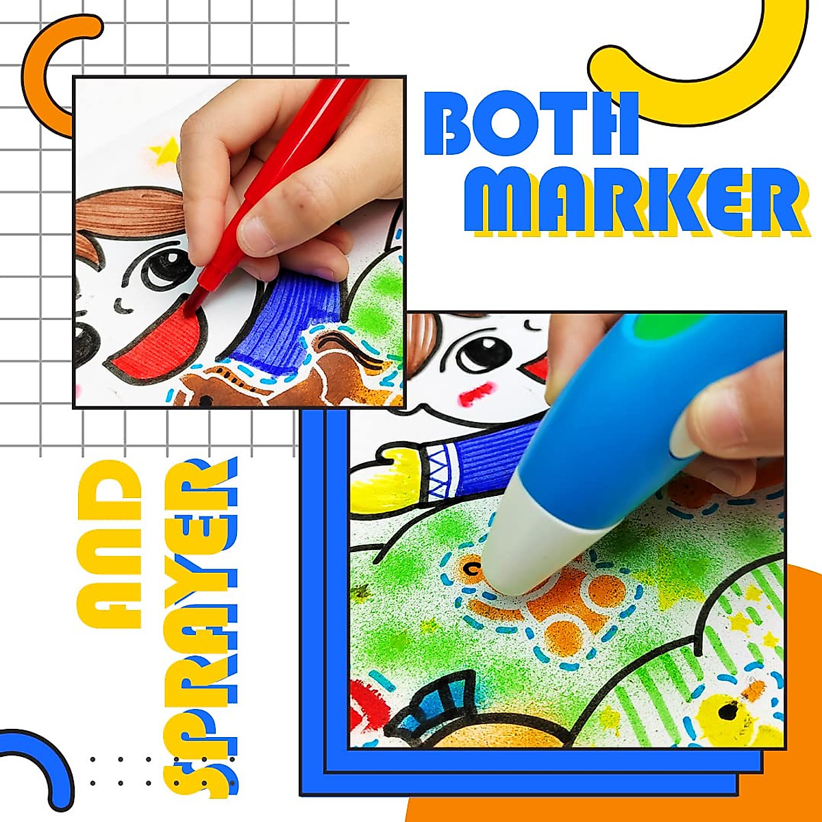 LANBABA Kid Spray Paint Electric Washable Airbrush Marker Set With 20 Colored Markers For School And Home, Color Wonder Mess Free Coloring Air Brush Sprayer Arts And Crafts For Kids Ages 8-12 4-8 (Bl)