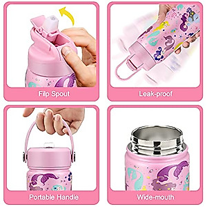 Kids Insulated Water Bottle with Straw for Toddler 2PCS 12OZ and 15OZ Stainless Steel Double Wall Vacuum Water Bottle Set Keep Hot Cold BPA Free and Leakproof Suitable Boys Girls for School, Travel