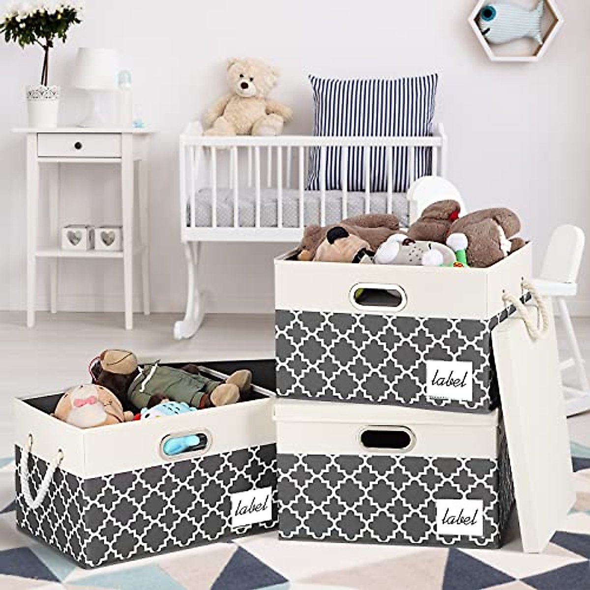 RVSNQ Large Storage Bins with Lids, Foldable Fabric Storage Baskets with Lids, Closet Storage Bins with Cotton Rope Handle and Label, Storage Boxes for Organizing Office, Shelf, Bedroom (3-Pack, Grey Quatrefoil)