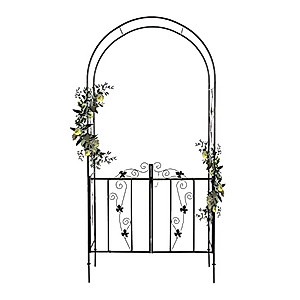 Outdoor Metal Garden Arbor Decorative Steel Garden Trellis Arch Stand with Gate, 8'H x 3.6'W, Black
