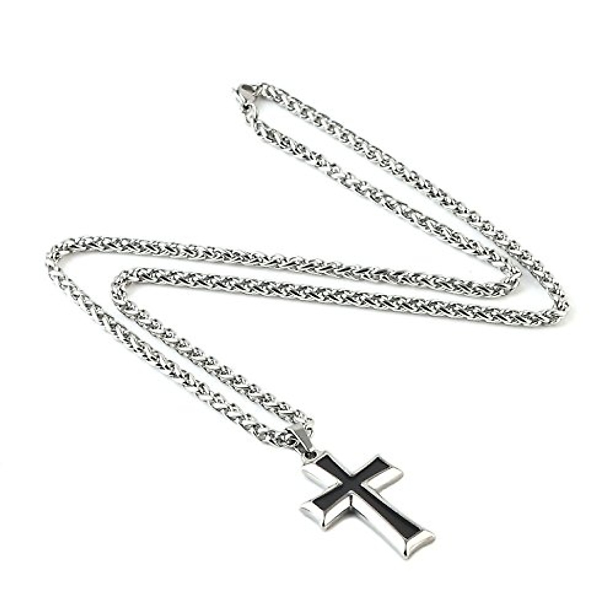 HZMAN Mens Stainless Steel Cross Pendant Necklace Flower Basket Chain (Silver)