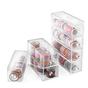 HomDSim 3 Drawers Acrylic Clear Washi Tape Box Organizer Storage,Divider Closet Container Holder for Cosmetic Makeup,for Ribbon,Sewing,Thread,Masking Tape,Roll Tape,Pencils,Cotton Ball, Cotton Swab