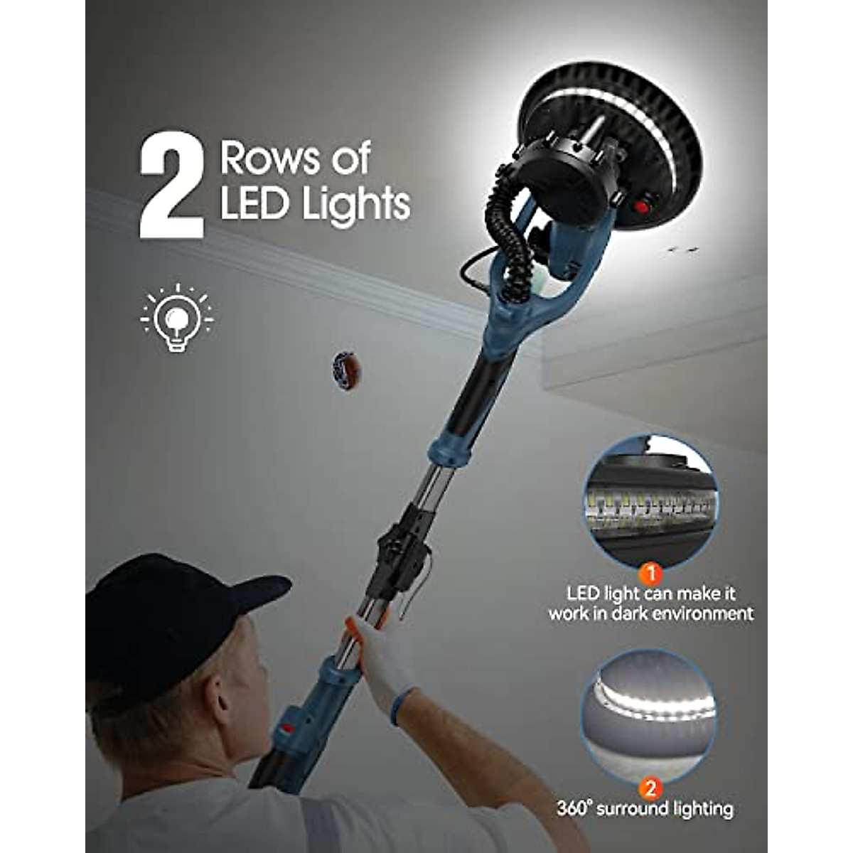 Handife Drywall Sander 800W 7A with Vacuum Auto Dust Collection, Variable Speed 800-1800RPM Power Double-Deck LED Lights, Extendable Handle, Carrying Bag Blue