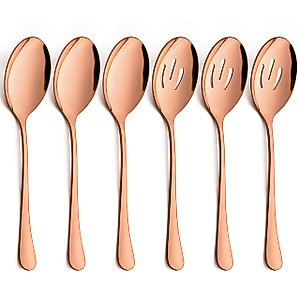 LIANYU 6-Piece Copper Serving Spoons, Copper Slotted Serving Spoons, Stainless Steel Rose Gold Serving Utensils for Party Buffet Restaurant Banquet Dinner Catering, 8 3/4 Inch, Dishwasher Safe