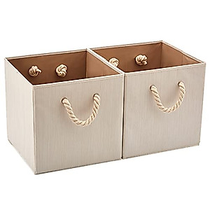 EZOWare Foldable Bamboo Fabric Storage Bin with Cotton Rope Handle, Collapsible Resistant Basket Box Organizer for Shelves, Closet, and More (Set of 2, Beige)