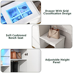 Wardrobe Armoire Closet with Charging & LED Light,Walk-in Closet Island Dresser with Glass Showcase,3 Drawers & Doors, Modern Storage Display Cabinet with Bench for Bedroom,Fitting Room & Shops（White）