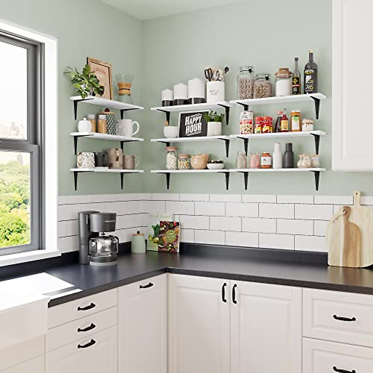 Wallniture Arras Floating Shelves for Living Room Decor, 24" Wall Shelves Office & Kitchen Organization, White Long Bookshelf Set of 9