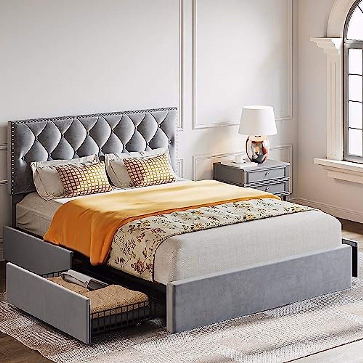 LIKIMIO Queen Bed Frame with Storage Drawers, Upholstered Platform Bed with Headboard - Sturdy Structure for a Comfortable & Noiseless Sleeping Space