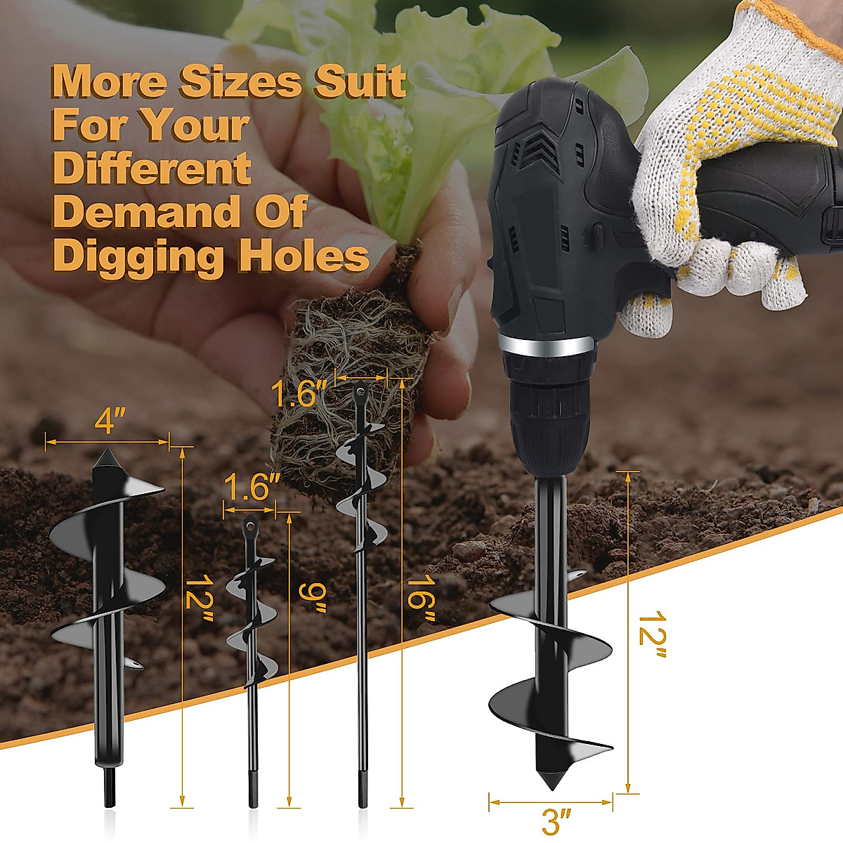 EVEAGE Auger Drill Bit, Bulb Planter Suits For Planting Bulbs Vegetables Flower Potted Fruit Compost Transplant, 4pcs Set For 3/8" Hex Drive Drill With Garden Gloves