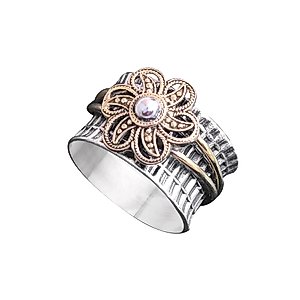 Silver Flower Spinner Ring, Floral Flower Ring, Silver Band, Fidget Ring, Stress Ring (6)