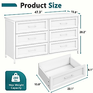 TVU 6 Drawer Double Dresser for Bedroom, Wood Storage Dresser Clothes Organizer with Sturdy Steel Frame (White)