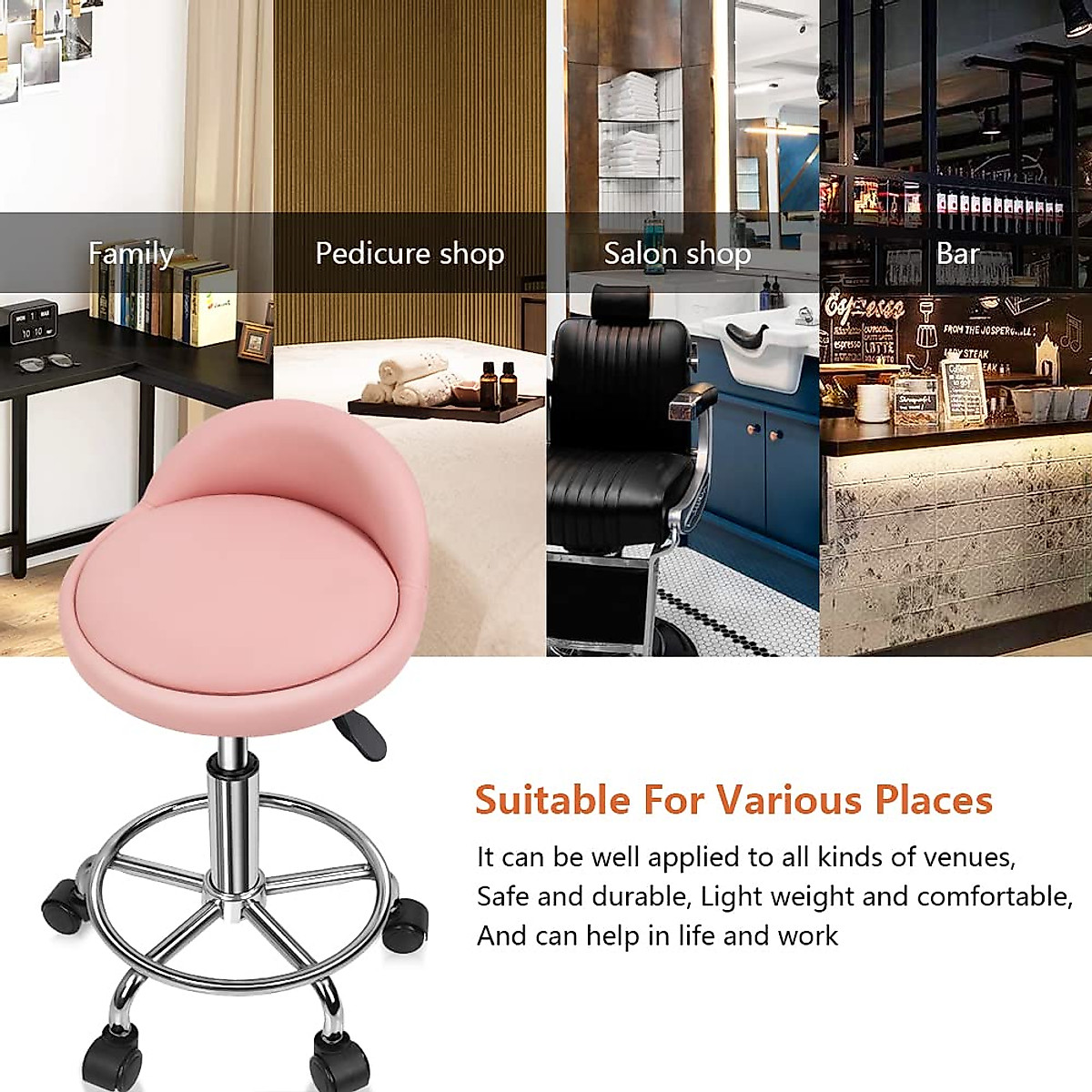 KKTONER PU Leather Round Rolling Stool with Foot Rest Height Adjustable Swivel Drafting Work SPA Task Chair with Wheels (Pink)