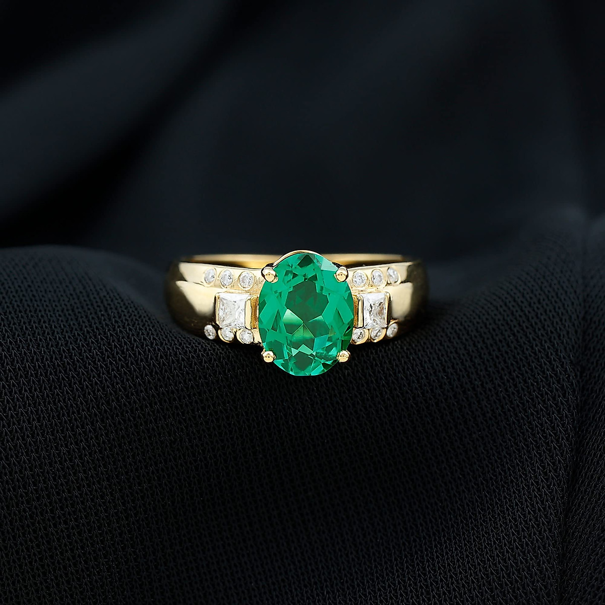 Rosec Jewels Certified Created Emerald Solitaire Engagement Ring| 7X9 MM Oval| AAAA Quality, 14K Yellow Gold, Size:US 6.00