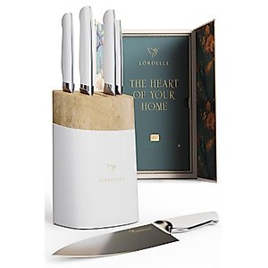 Lordelle Knife Block Set - 5 Piece Set - White Chantilly Snow - Lifestyle Home Kitchen Design - German X50 Stainless Steel - ABS Handle - Ash Wood Block - Cooking Chef Knife, Santoku, Paring, Utility
