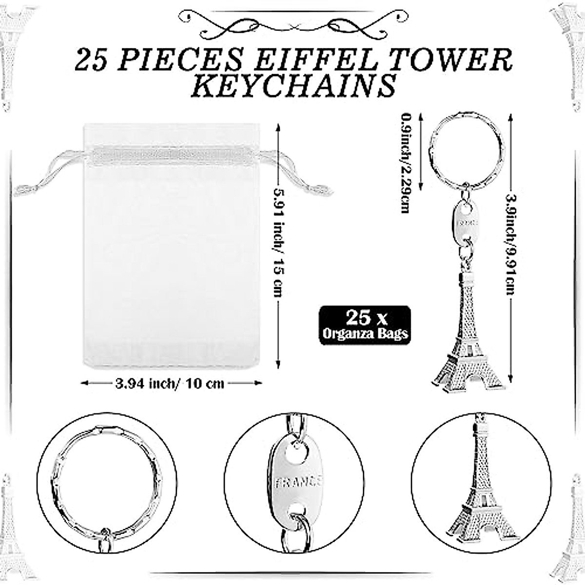 Equsion 25 Sets Paris Party Favors Eiffel Tower Keychain Paris Keychain Wish Bracelets and Organza Bag Sweet 16 Party Favors