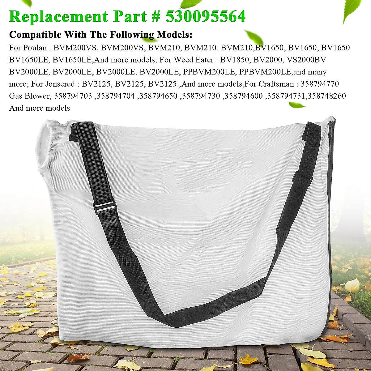 530095564 Blower Leaf Vacuum Bag, for Husqvarna Craftsman Poulan Pro Poulan Weed Eater Roper Sears Rally EHP and Yard Pro 530095599 Leaf Vacuum Bags Bottom Zippered Design