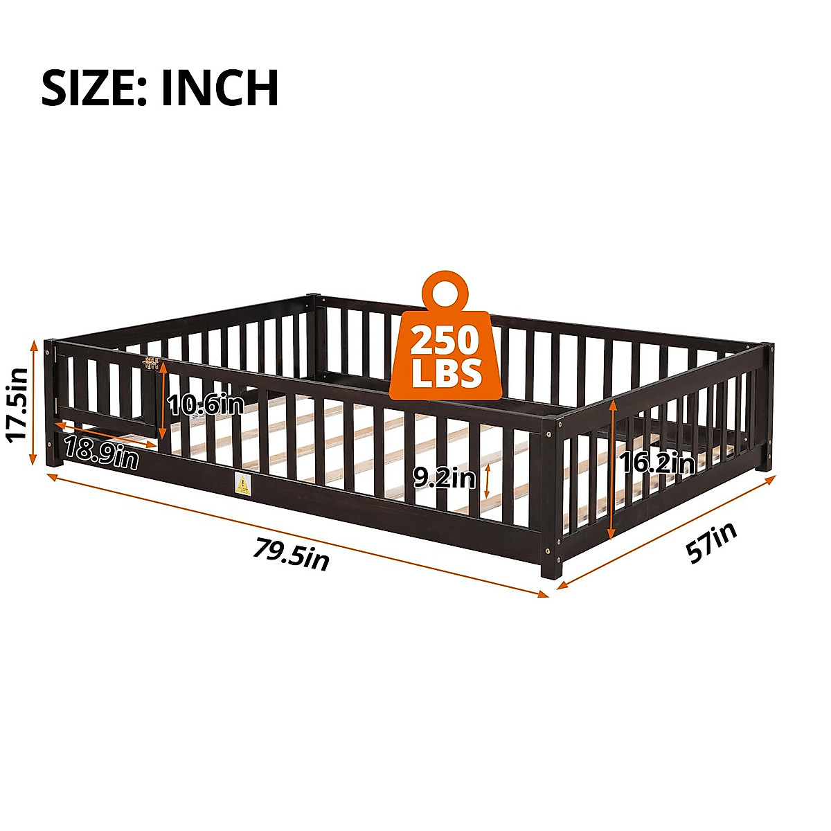 LLS Full Floor Bed for Children, Durable Montessori Floor Bed with Wood Slats, Safety Fence & Small Door, Wood Floor Bed Frame for Girls Boys Children, Espresso(with Bed Slats)