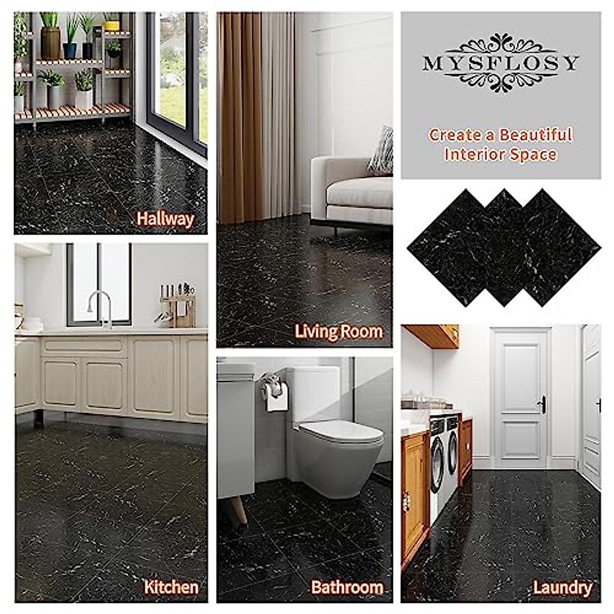 Mysflosy Peel and Stick Floor Tiles, Self Adhesive Waterproof Vinyl Flooring, 12''x12'' Dark Jade Black DIY Floor Sticker for Kitchen, Bathrooms & Bedroom, 1.5mm Thickness, 10 Tiles
