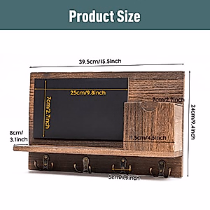 NUKied Key Holder for Wall Decorative, Mail Organizer Wall Mount with 4 Double Key Hooks and Message Board, Rustic Wooden Key and Mail Holder for Wall, Home Decor for Entryway, Hallway, Brown