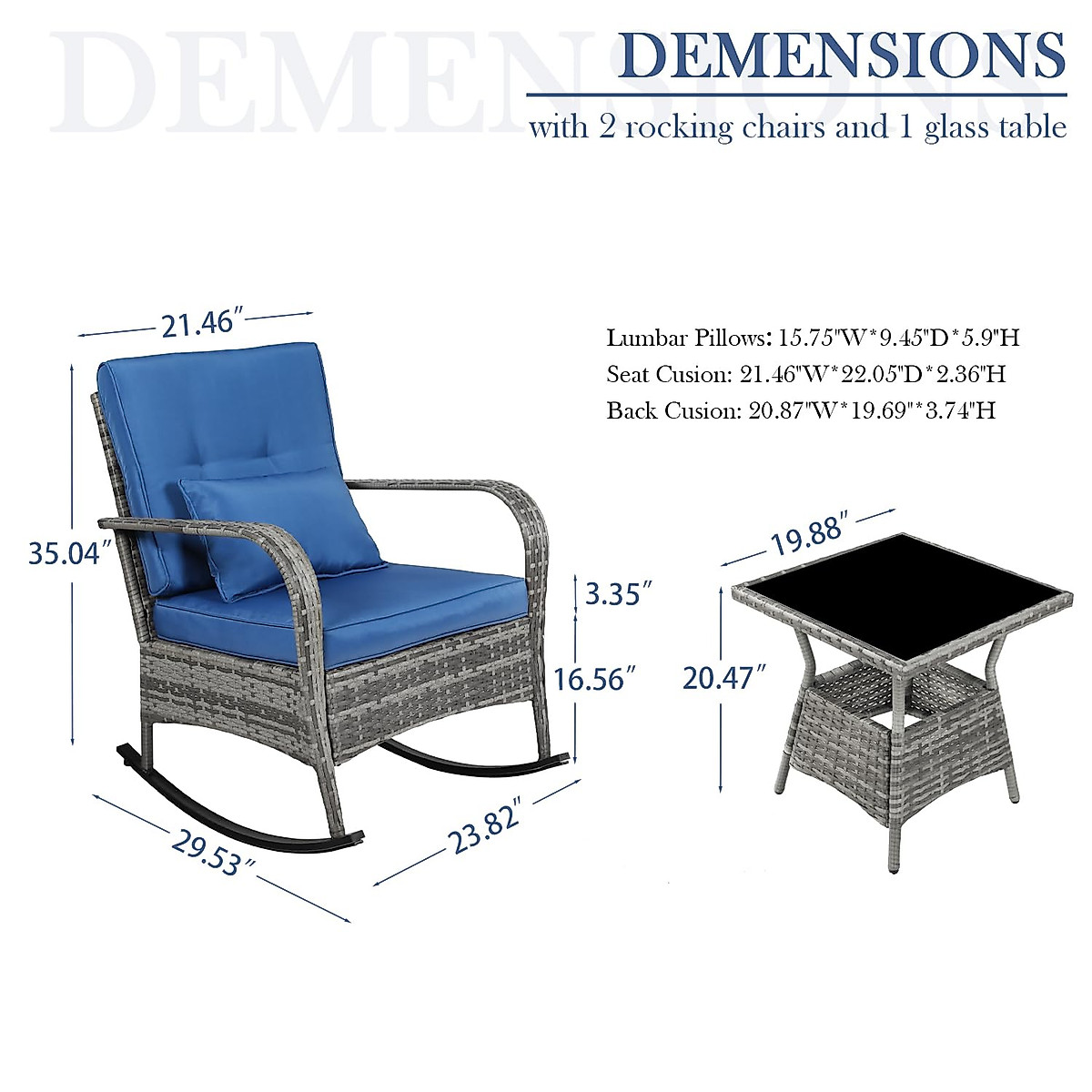 FUNKOCO 3 Pieces Patio PE Rattan Conversation Chair Set, Outdoor Furniture Rocking Chair Set with Water-Proof Cushion&Coffee Table for Garden,Backyard and Porch (Dark Blue)