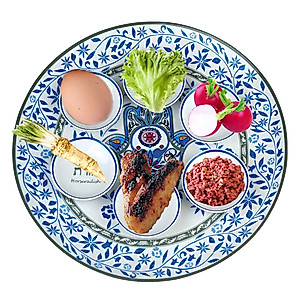 Artistic Passover Seder Dinnerware Set Floral Hamsa Design by Jessica Sporn - Quality Porcelain Round Seder Plate Square Matzah Tray Silk Matzo Cover, Afikoman bag - Pesach Decoration by Aviv Judaica