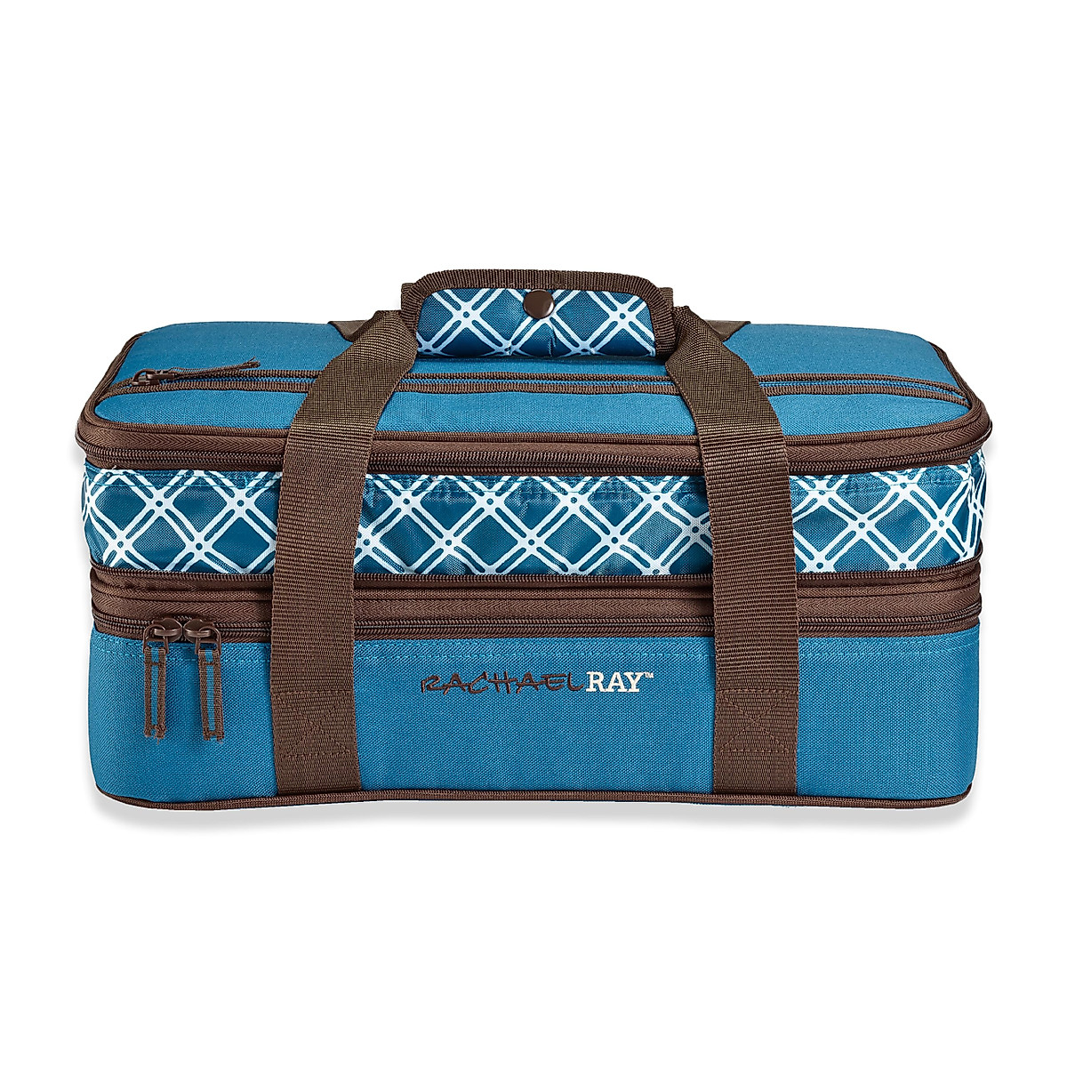 Rachael Ray Expandable Insulated Casserole Carrier for Hot or Cold Food, Thermal Lasanga Lugger Tote for Pockluck, Parties, Picnic, and Cookouts, Fits 9" x 13" Baking Dish, Bias Plaid Marine Blue