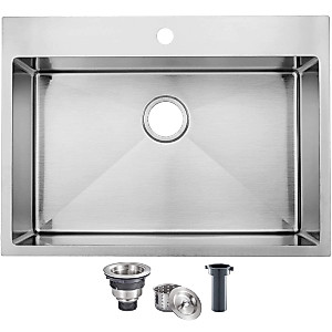 SHACO Commercial 28 inch 16 Gauge Top mount Drop-in Single Bowl Basin Handmade T304 Brushed Nickel Kitchen Sink, Stainless Steel 9 Inch Deep Kitchen Sinks, Fregadero